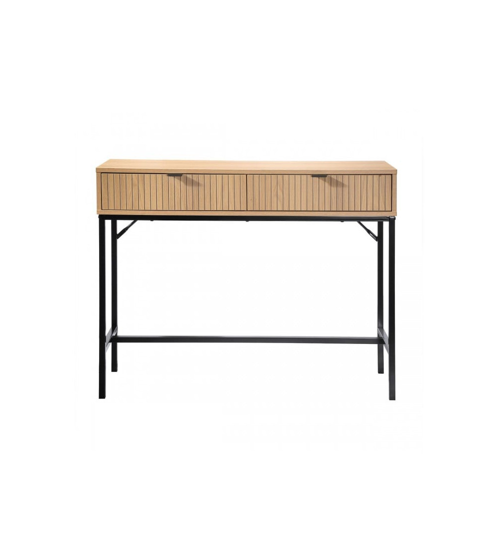 Console 2 Tiroirs Façade Effet Bois Rainuré L 100 cm x P 35 cm x H 81 cm